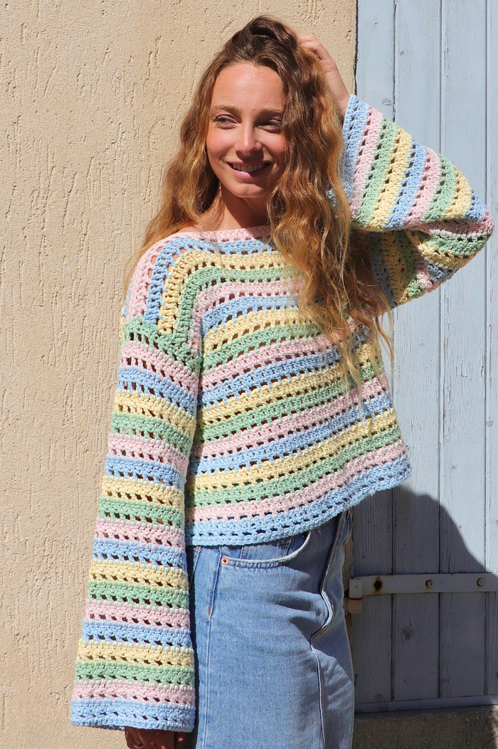 Pull Brigitte crochet rayures orange